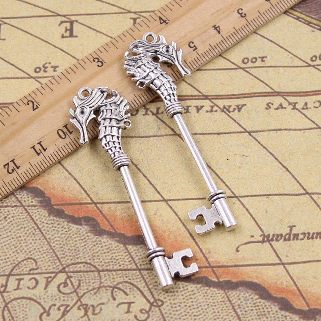 5pcs Hippocampal Key Charms Pendant 72x20mm Antique Silver Ornament ...