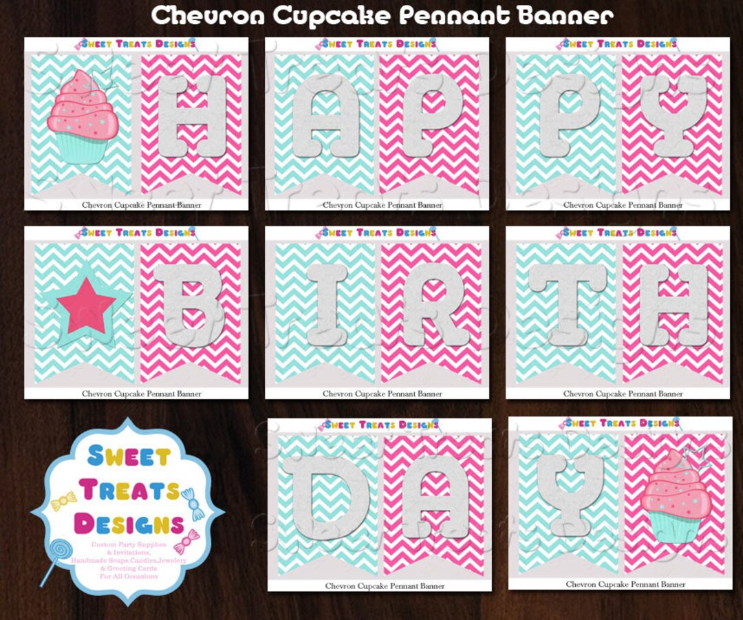 Chevron Cupcake Pennant Birthday Banner You Print Digital File Instant ...