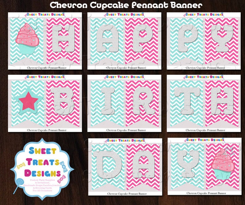Chevron Cupcake Pennant Birthday Banner You Print Digital File Instant ...
