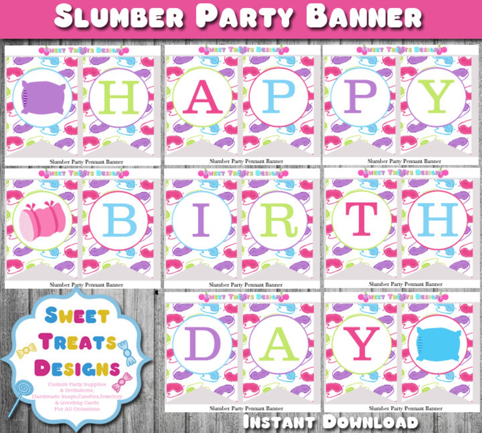 Birthday Slumber Party Pennant Banner sleepover Banner Birthday Banner ...