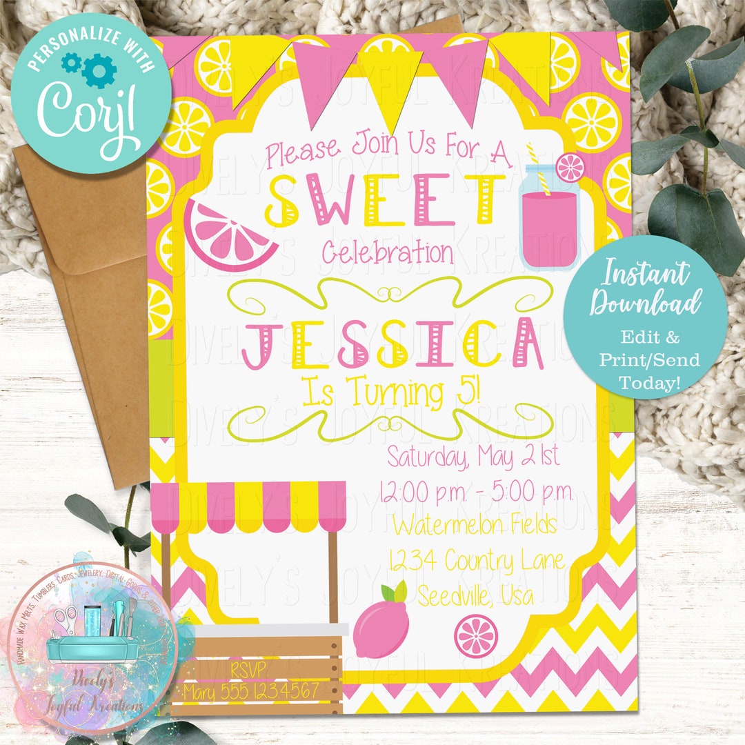 Pink Lemonade Invitation, Lemonade Invitation, Pink Lemonade Birthday Invitation, Pink and ...