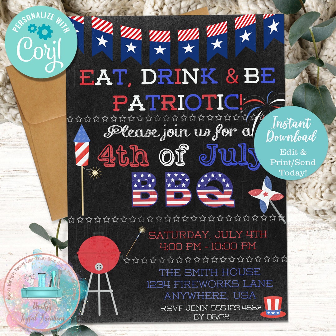 4th of July BBQ Invitation, Fourth of July Chalkboard Invitation, 4th ...