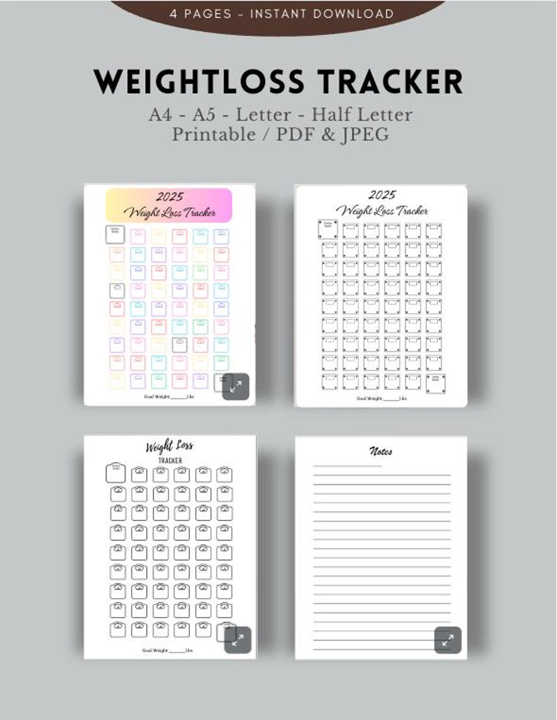 52 Week Weight Loss Tracker: Printable PDF Journal (a4/a5/letter/half ...