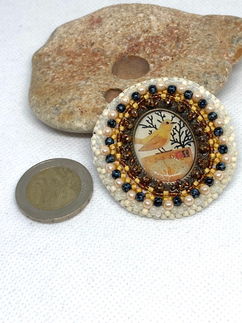Bead Embroidered Picture Brooch With Little Bird - Etsy