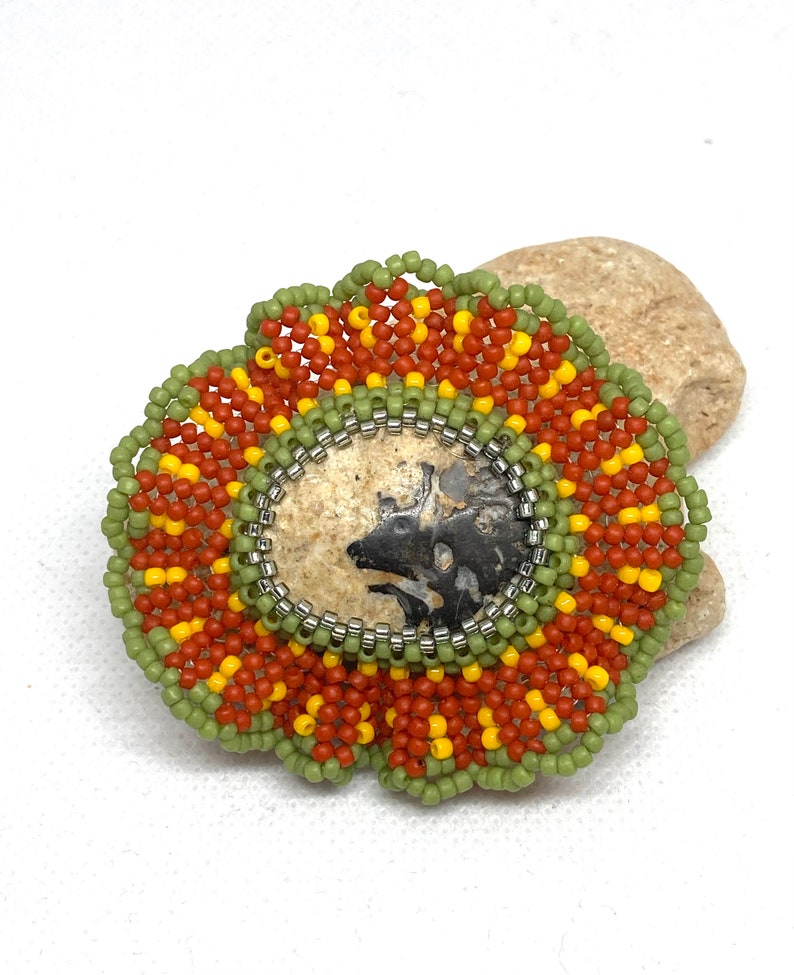 Beaded Statement Colorful Boho Brooch With Fosill - Etsy