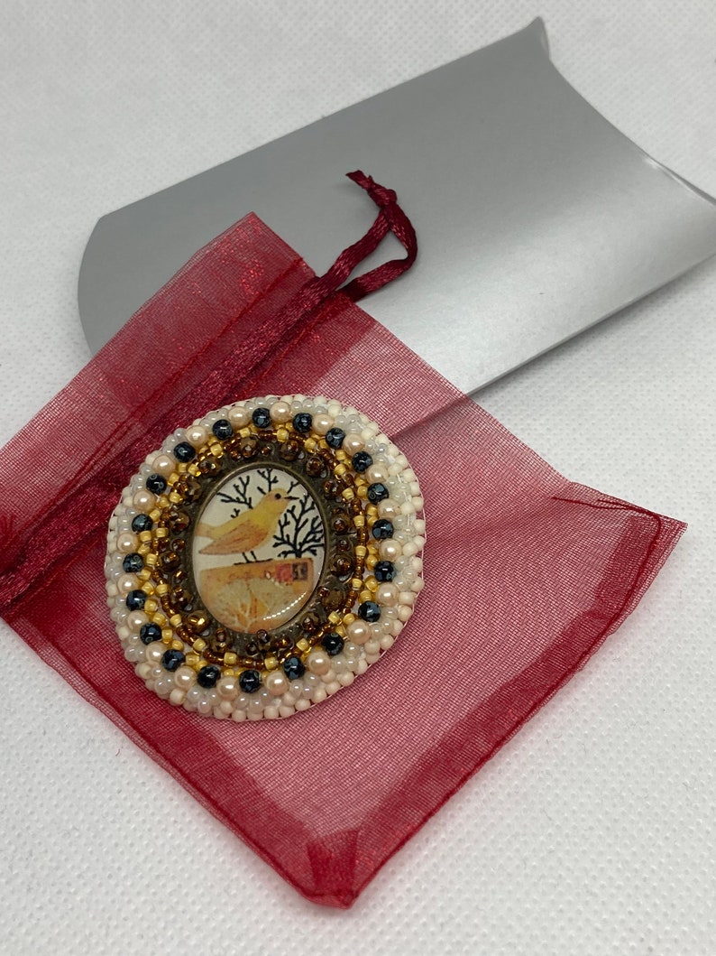 Bead Embroidered Picture Brooch With Little Bird - Etsy