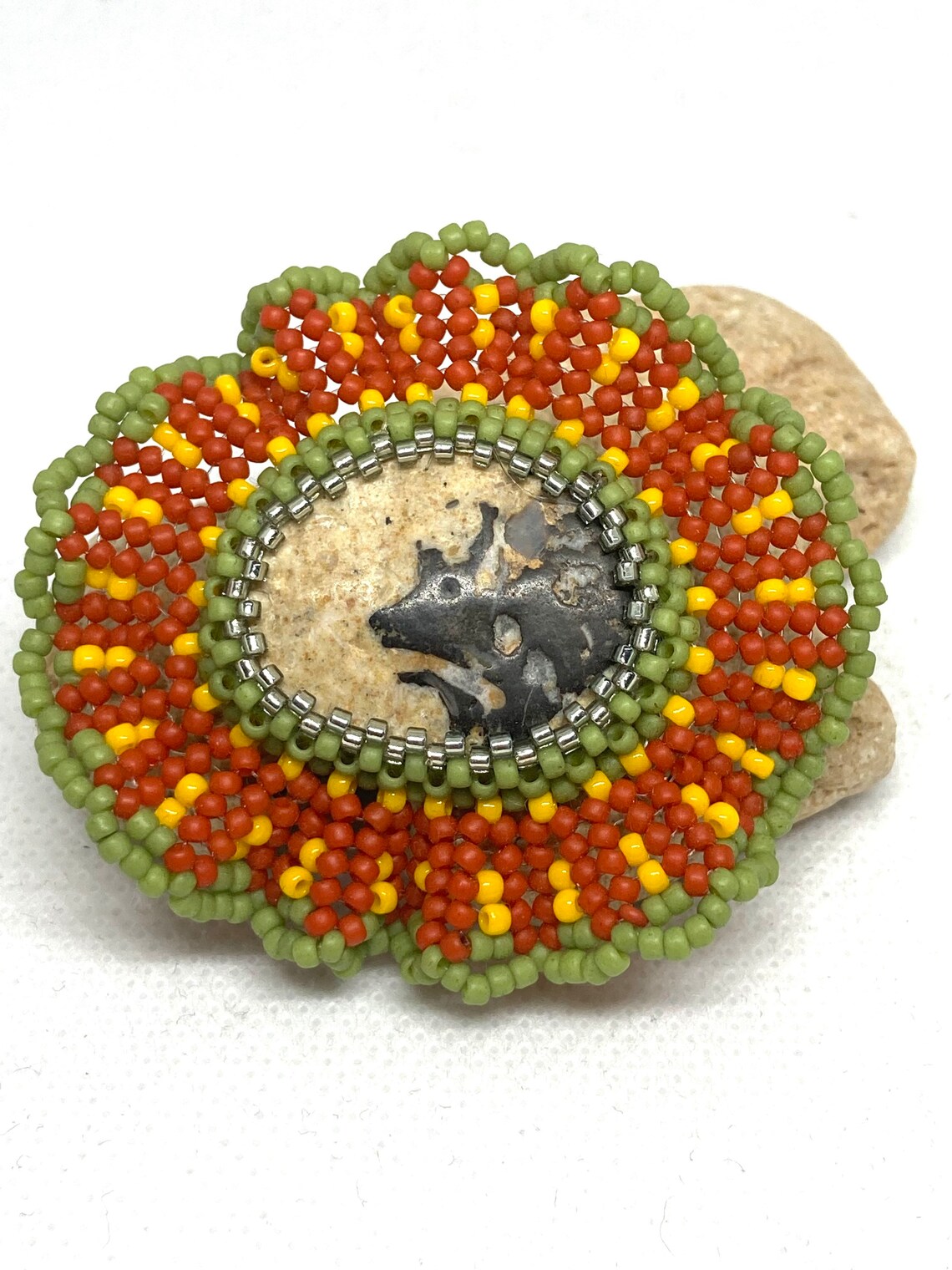 Beaded Statement Colorful Boho Brooch With Fosill - Etsy