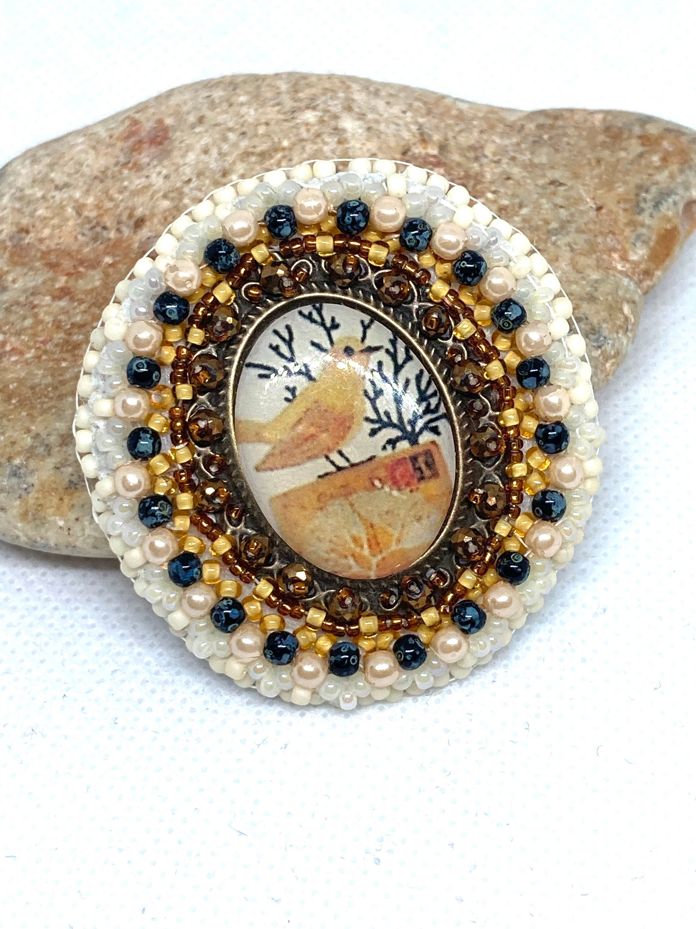 Bead Embroidered Picture Brooch With Little Bird - Etsy