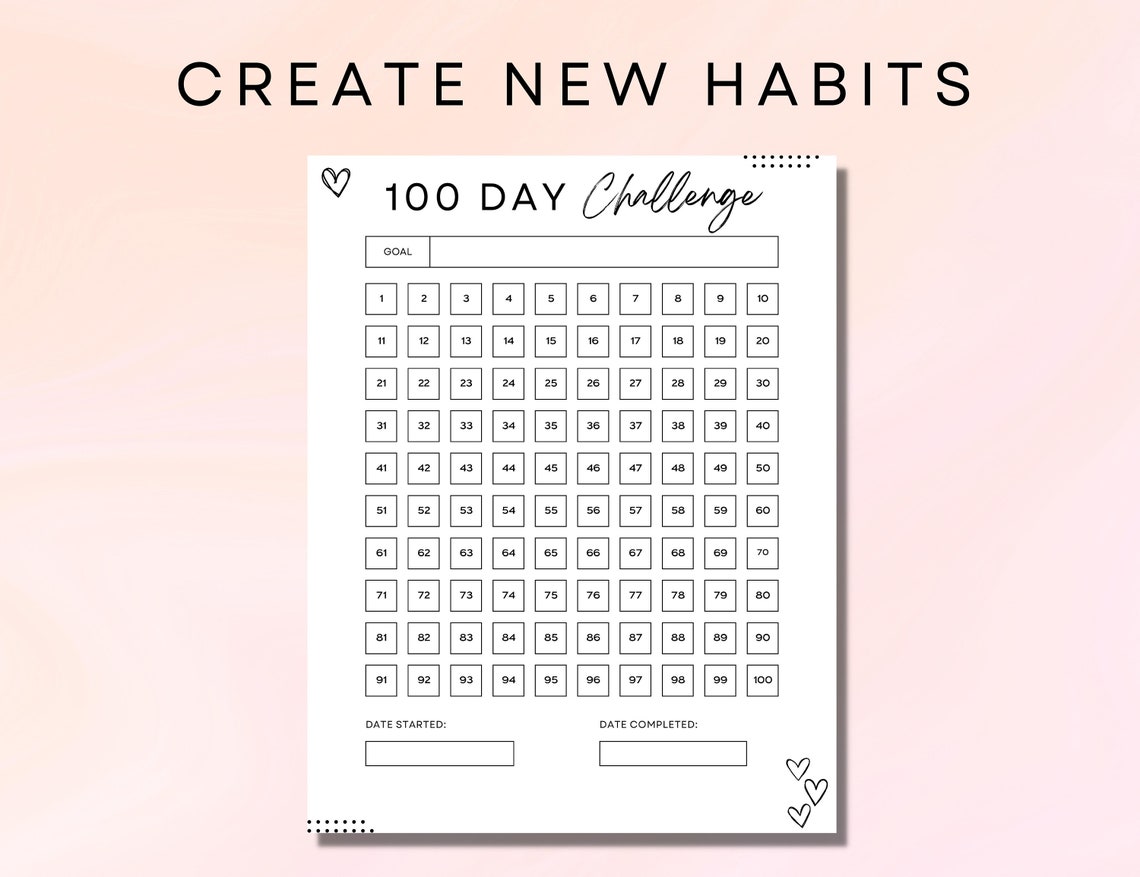 Printable Habit Tracker and 100 Day Challenge for New Goals and New ...