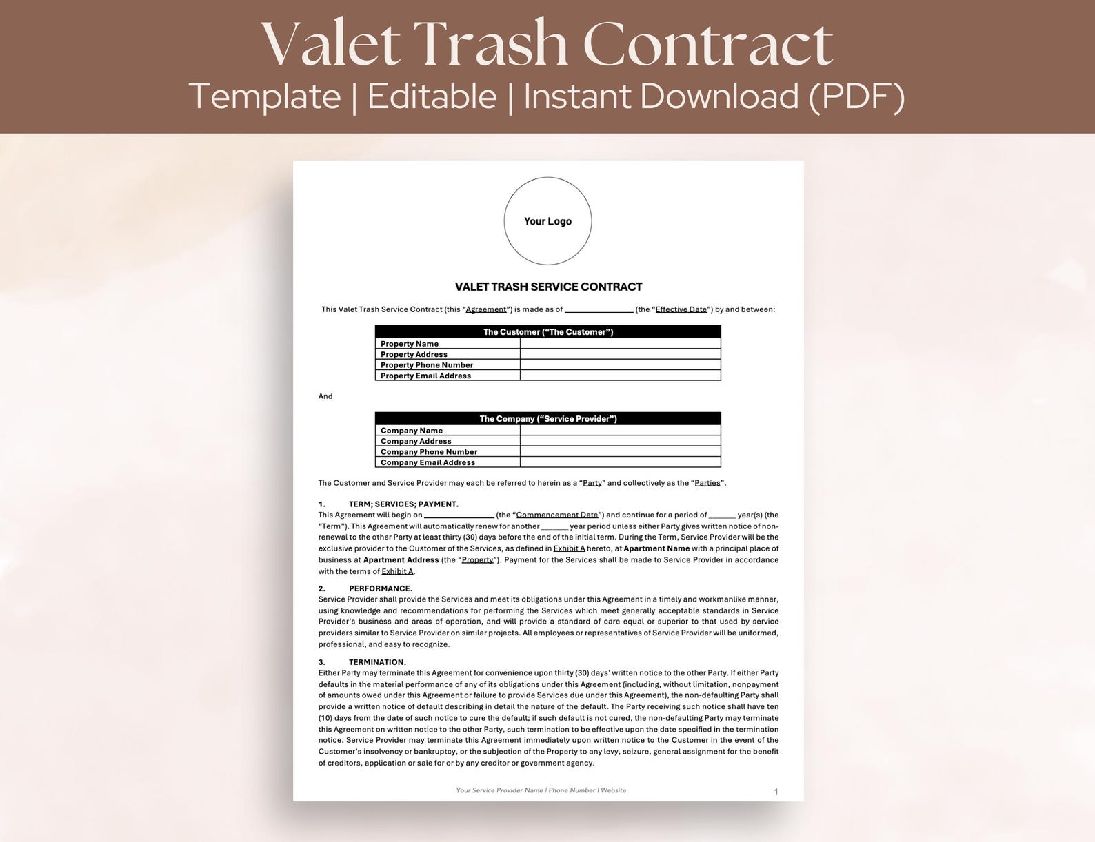 Valet Trash Service Agreement Template: Editable Word & PDF (digital ...