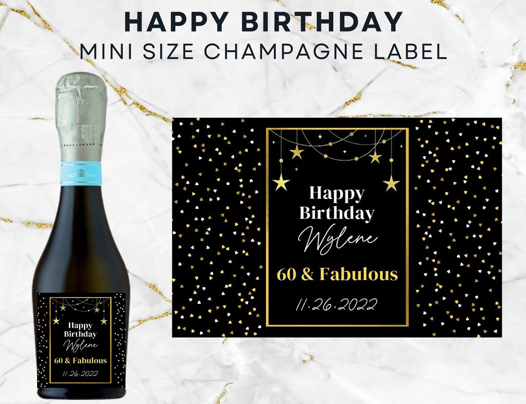 Custom Mini Champagne Wine Label in Black and Gold Theme for Birthday ...