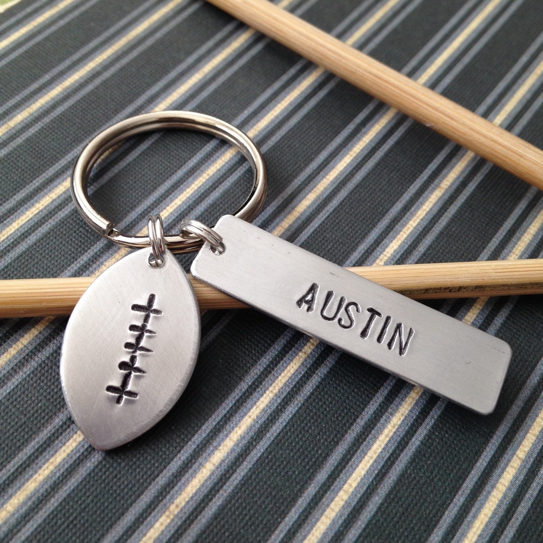 Personalized Football Keychain, Custom Hand Stamped Birthday Gift for ...