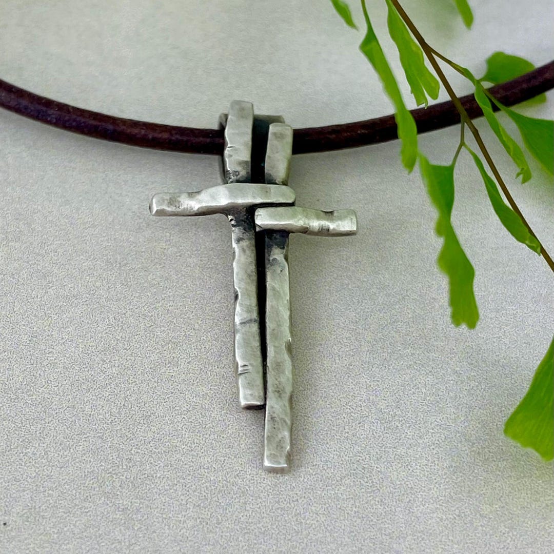Rustic Handmade Silver Cross Choker Necklace - Oxidized Sterling Silver Pendant on Brown Leather ...