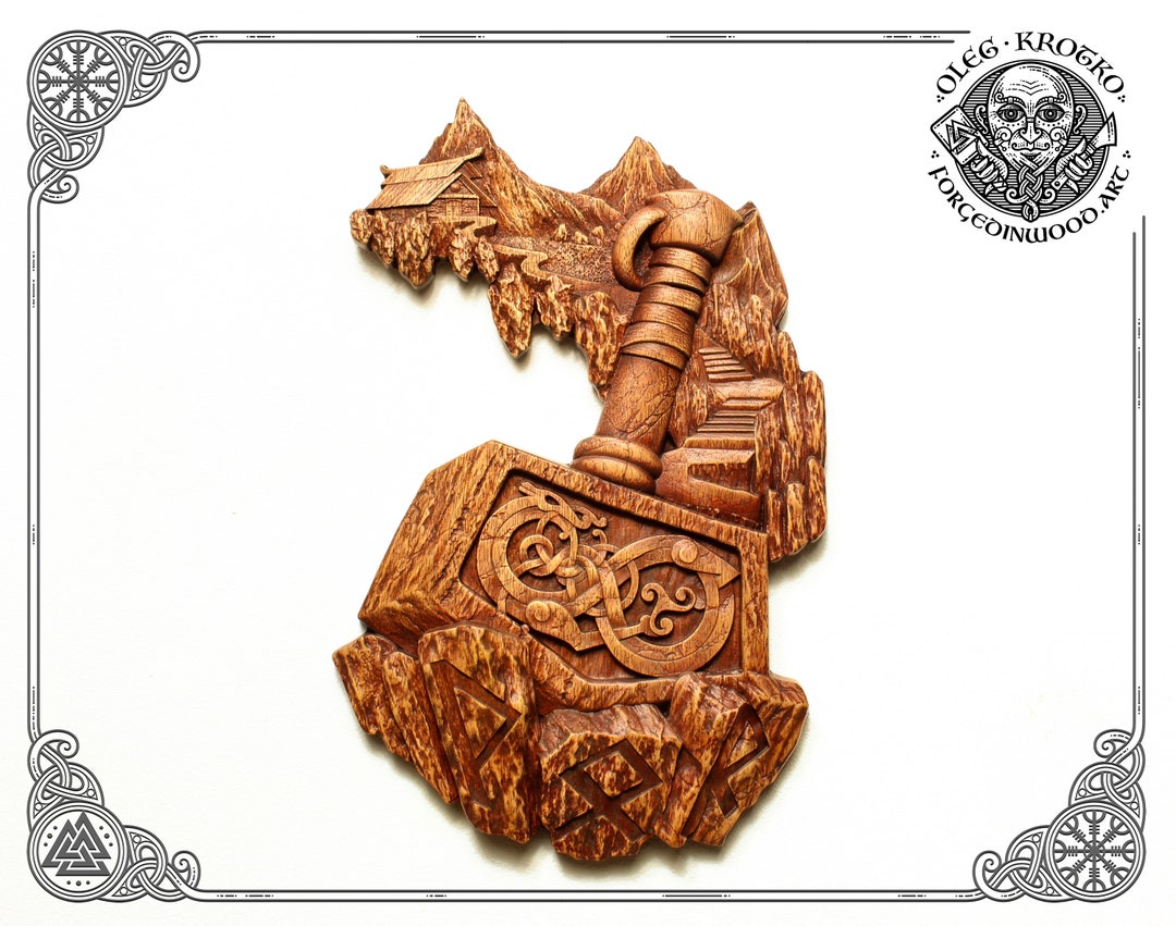 Thor Hammer Wooden Plaque, Mjolnir Norse Wood Carving, Vikings Wall ...