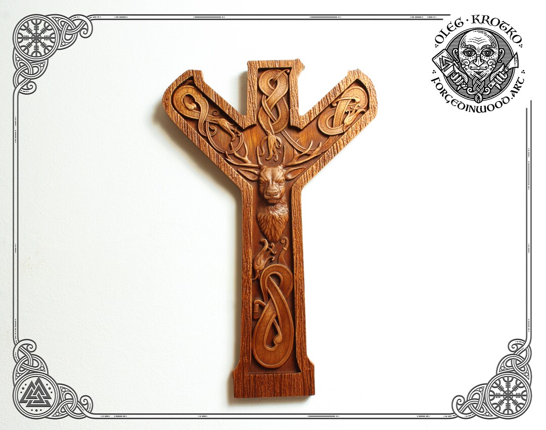 Luxury Carved Algiz Rune With Deer, Viking Mythology, Celtic Wooden ...