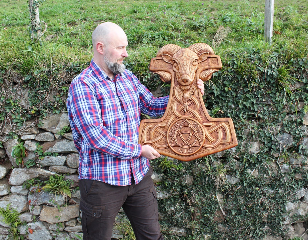 Iroko Wood Carved Thor Hammer: Viking Wall Art With Norse Runes - Etsy