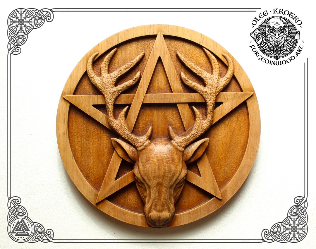 Wood Carving Pentagram Amulet, Deer, Norse Pagan Decor - Etsy