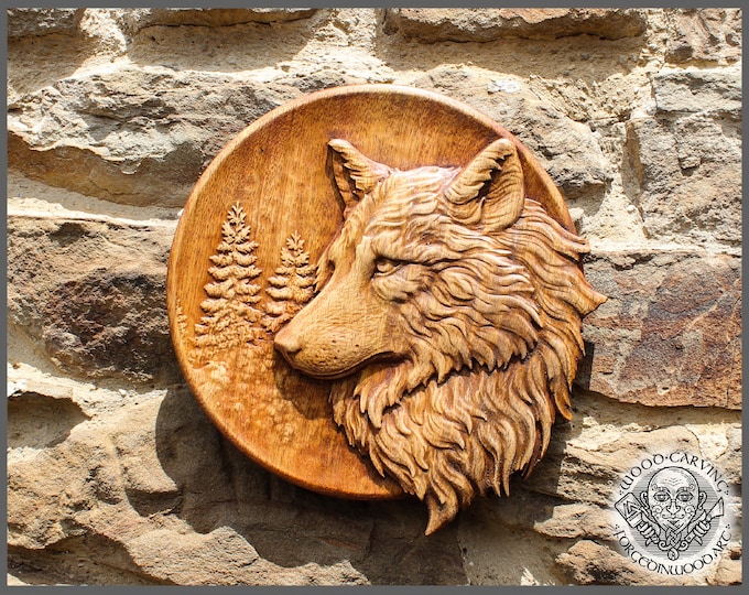 Wolf Carved on Wood Wood Carving With Bark Hand Made Gift Wall Hanging ...