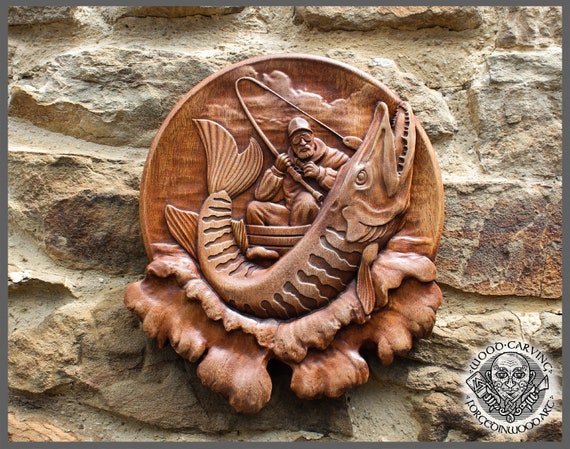 PIKE FISHING Graceful Wood Carving Picture Wild Life Wall | Etsy