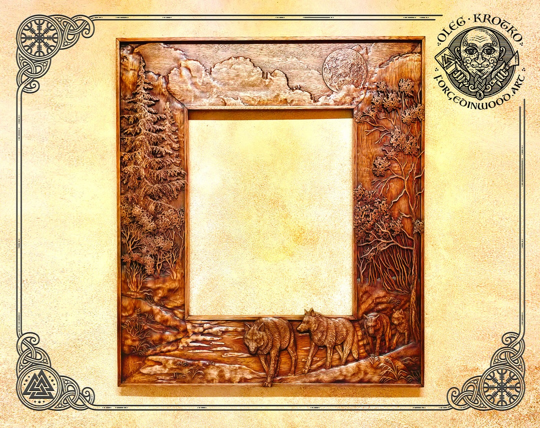 Mystical Night Hunt: Wolf Carved Wooden Frame - Winter Forest Elegance ...