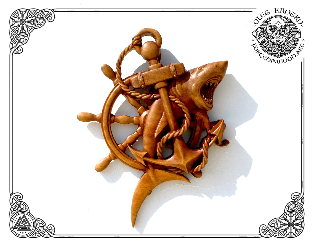 Best Gift for Sailor, Shark With Anchor and Ship Helm, Luxury Wood ...