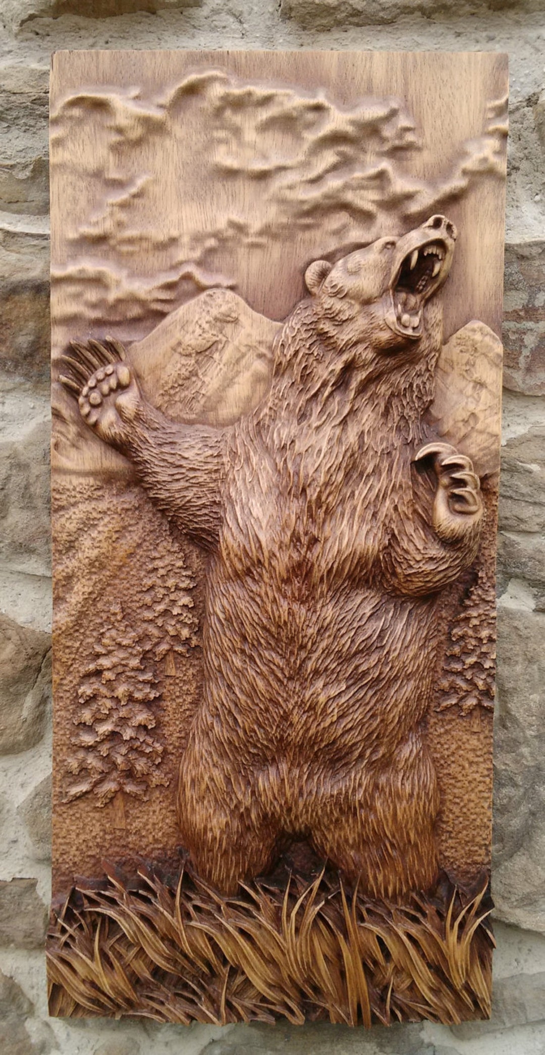 Animal Carved Bear Wood Wall Hanging Home Decor Woodwork Totem Art ...