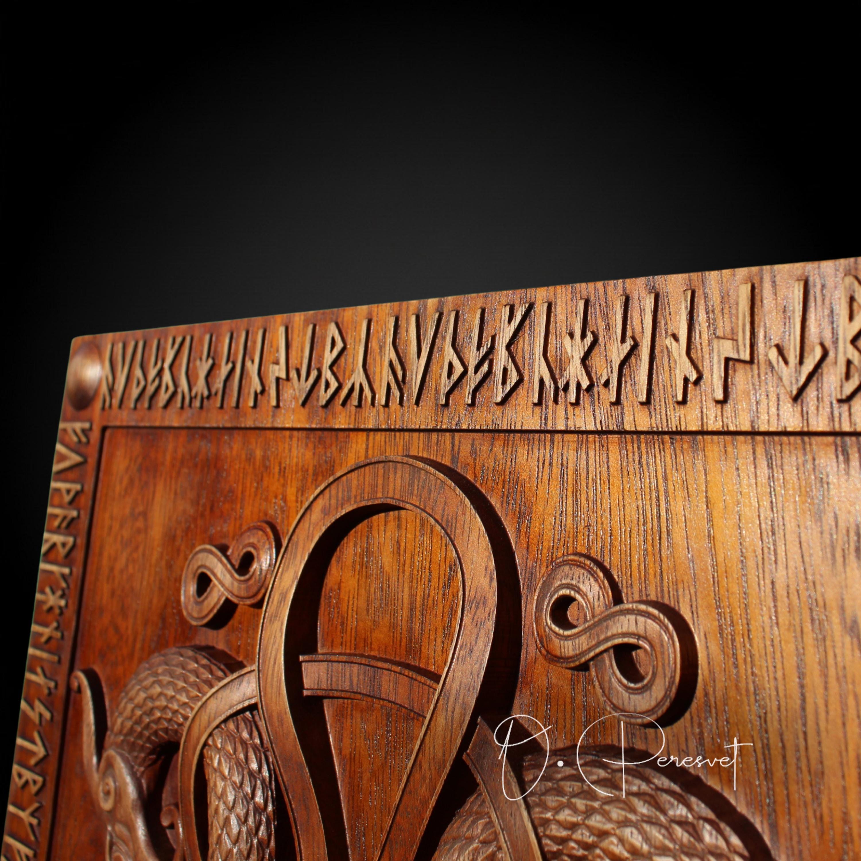 Viking Wall Art, Urnes Rune Wooden Plaque, Elder Futhark Carving, Norse ...