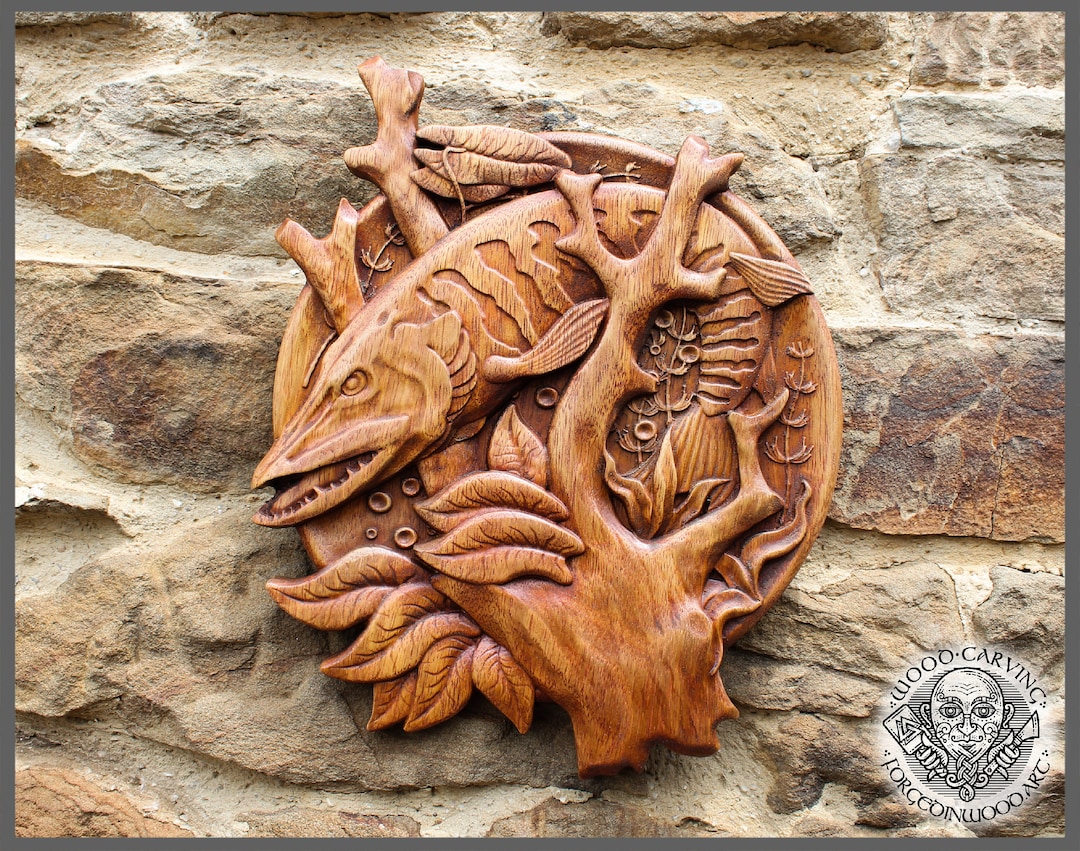 PIKE - Graceful Wood Carving Picture, Wild Life Wall Art, Fisher Gift ...