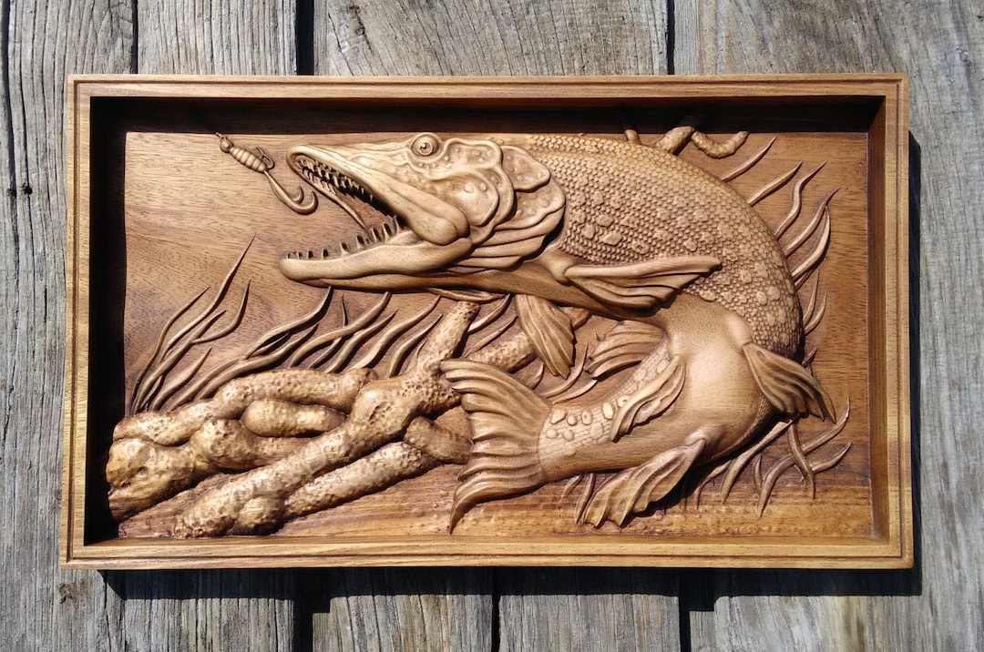 Handcrafted Iroko Wood Pike Carved Fish - Rustic Nautical Wall Art - Etsy