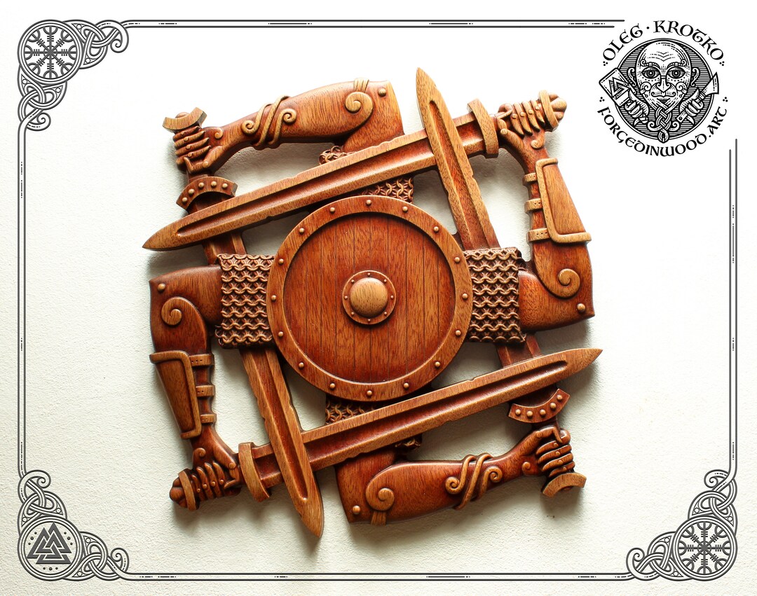 Carved Wooden Sword Art: Norse Pagan Shield Knotwork Wall Hanging - Etsy