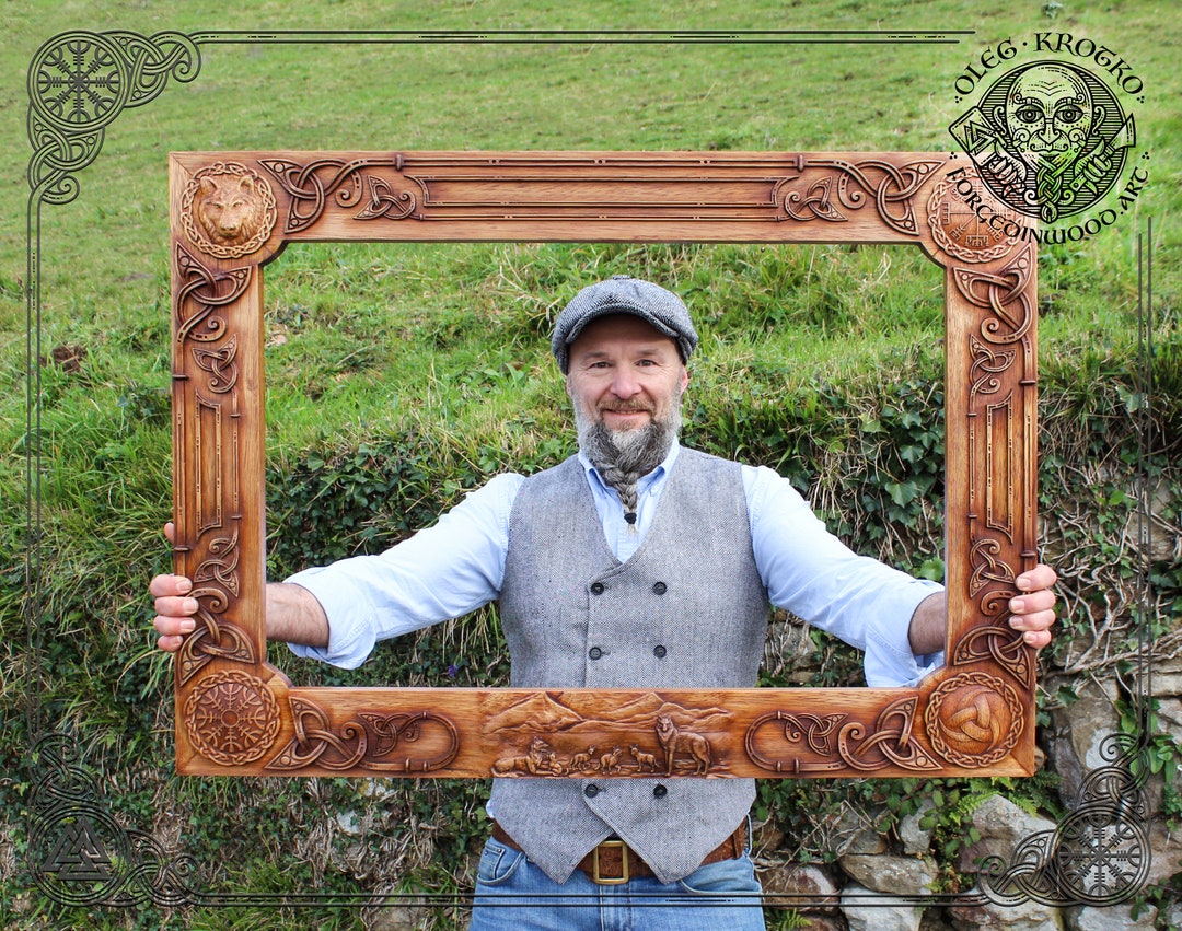 Ethereal Wolf Carved Wooden Frame With Intricate Celtic Knotwork - Home ...