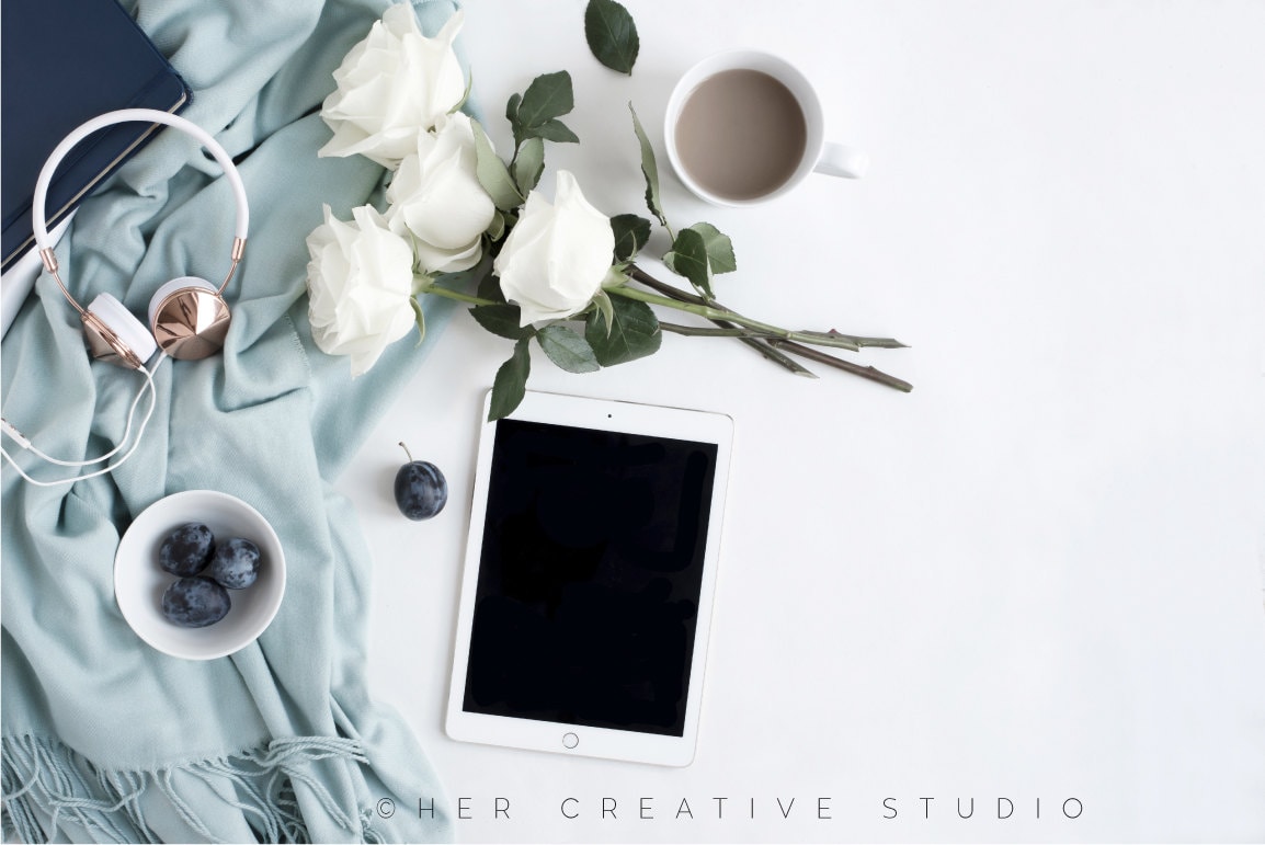 Styled Stock Photography iPad Mockup, White Roses, Blue and White Desk ...