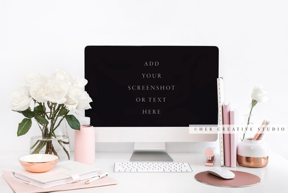 Styled Stock Photography Desktop with White Roses Rose Gold Desk Accessories Styled Photography Digital Image