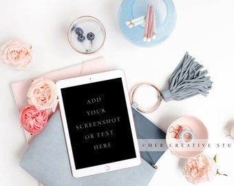 Styled Stock Photography iPad Mockup, White Roses, Blue and White Desk ...