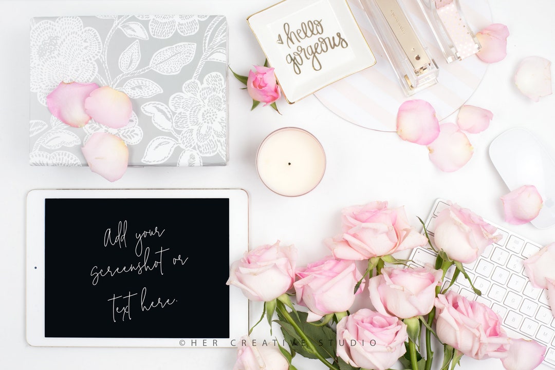 Styled Stock Photography | iPad Mockup | Roses With Pink and White Desk ...