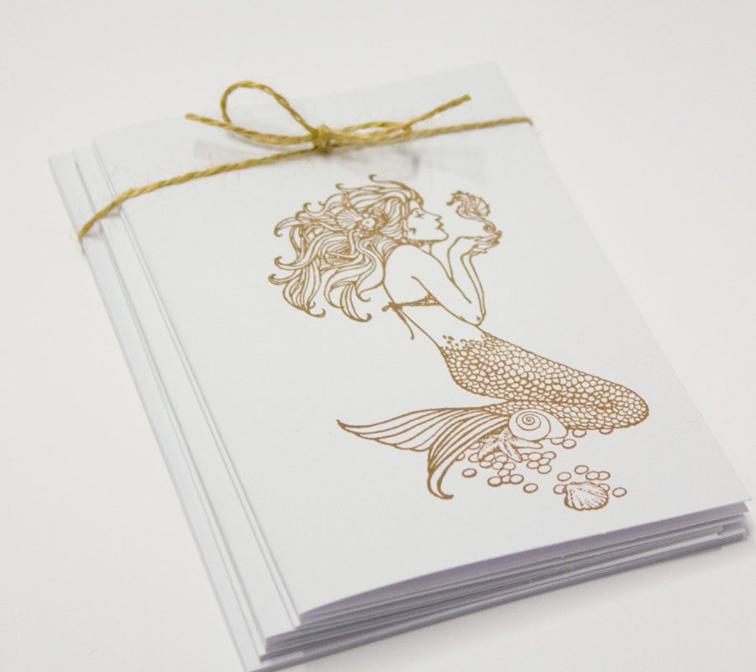 Mermaid Blank Cards, Folded and Tied, Set of 5 Hand Stamped and Perfect ...