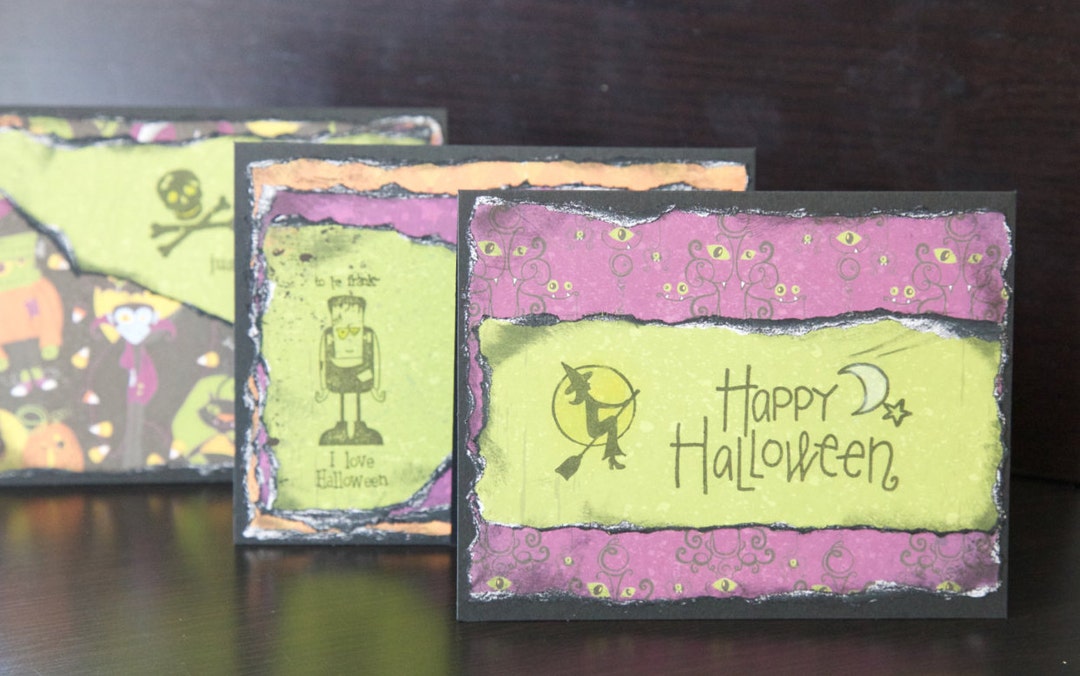 Handmade Halloween Card Set, Witch, Skull, Frankenstein, Collage Art - Etsy