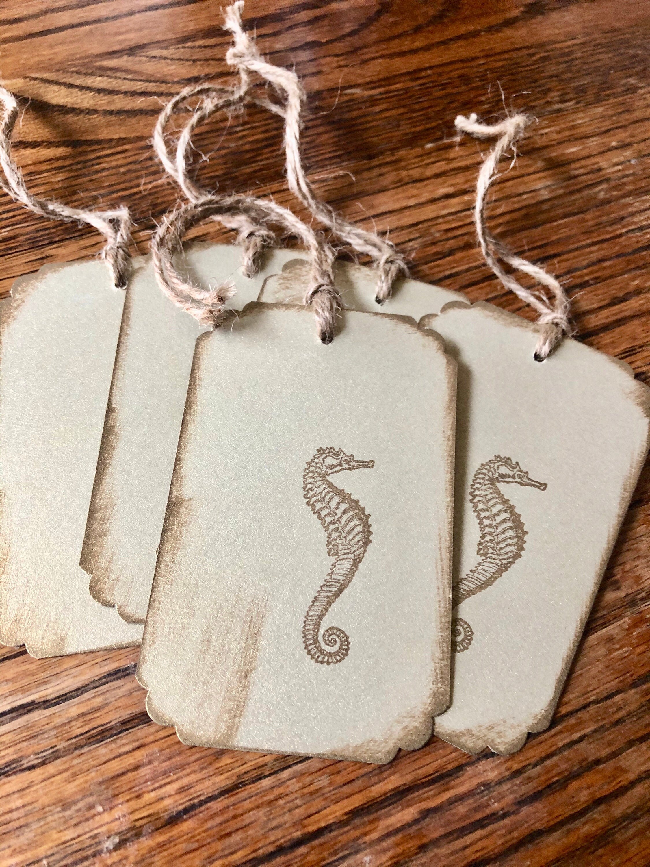 Seahorse Gift Tags Handmade Handstamped in Brown Ink on Gold - Etsy