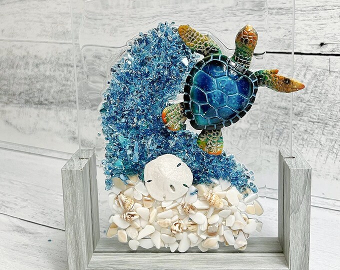 Blue Sea Turtle Beach Tabletop Art, Coastal Home Decoration, Coastal ...