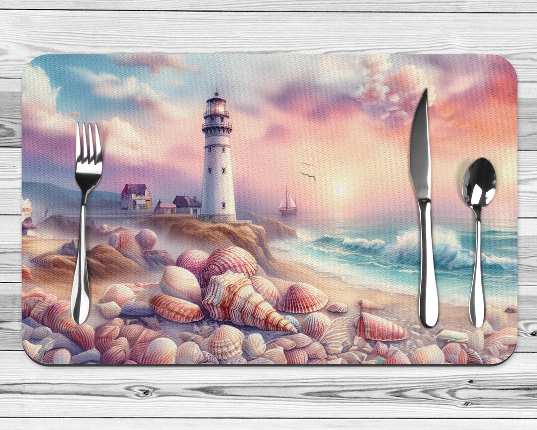 Pastel Lighthouse Beach Placemats, Seashells on the Beach Placemats ...