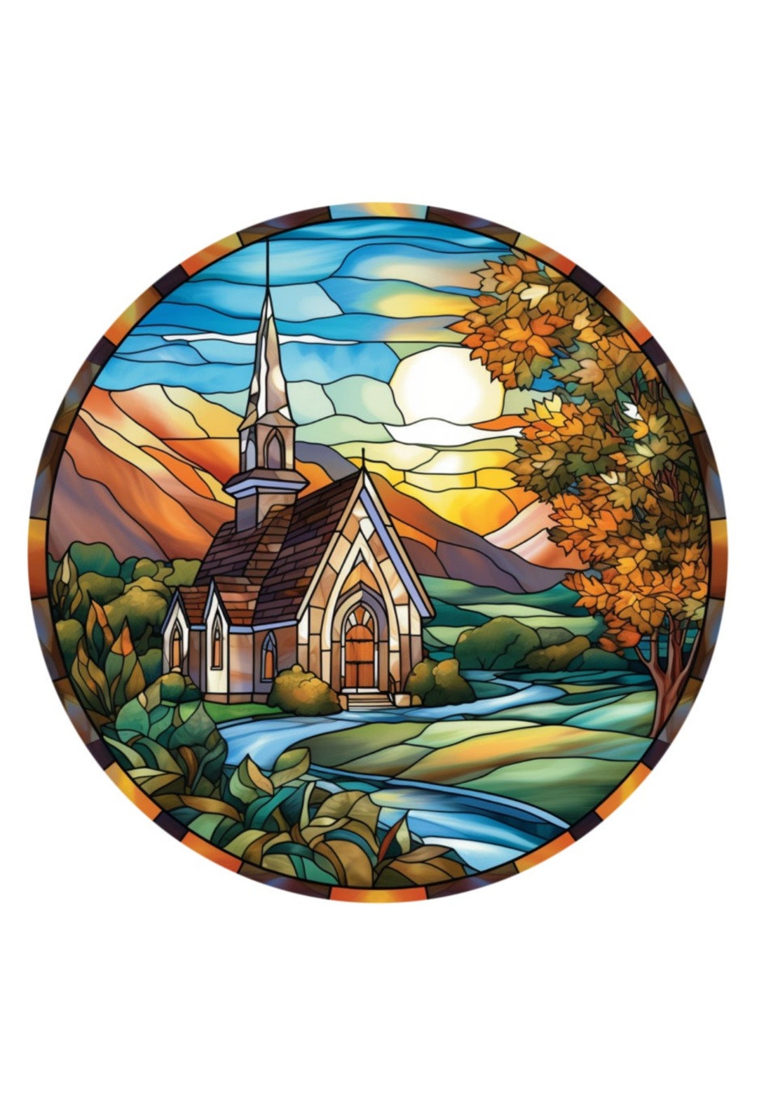 Stained Glass Fall Church Scene Wreath Sign, Faux Stained Glass Wreath ...