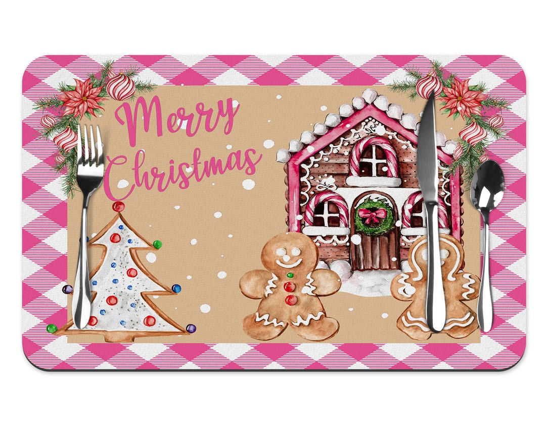 Set of 2 Pink Gingerbread Christmas Table Placemats, Christmas Table ...