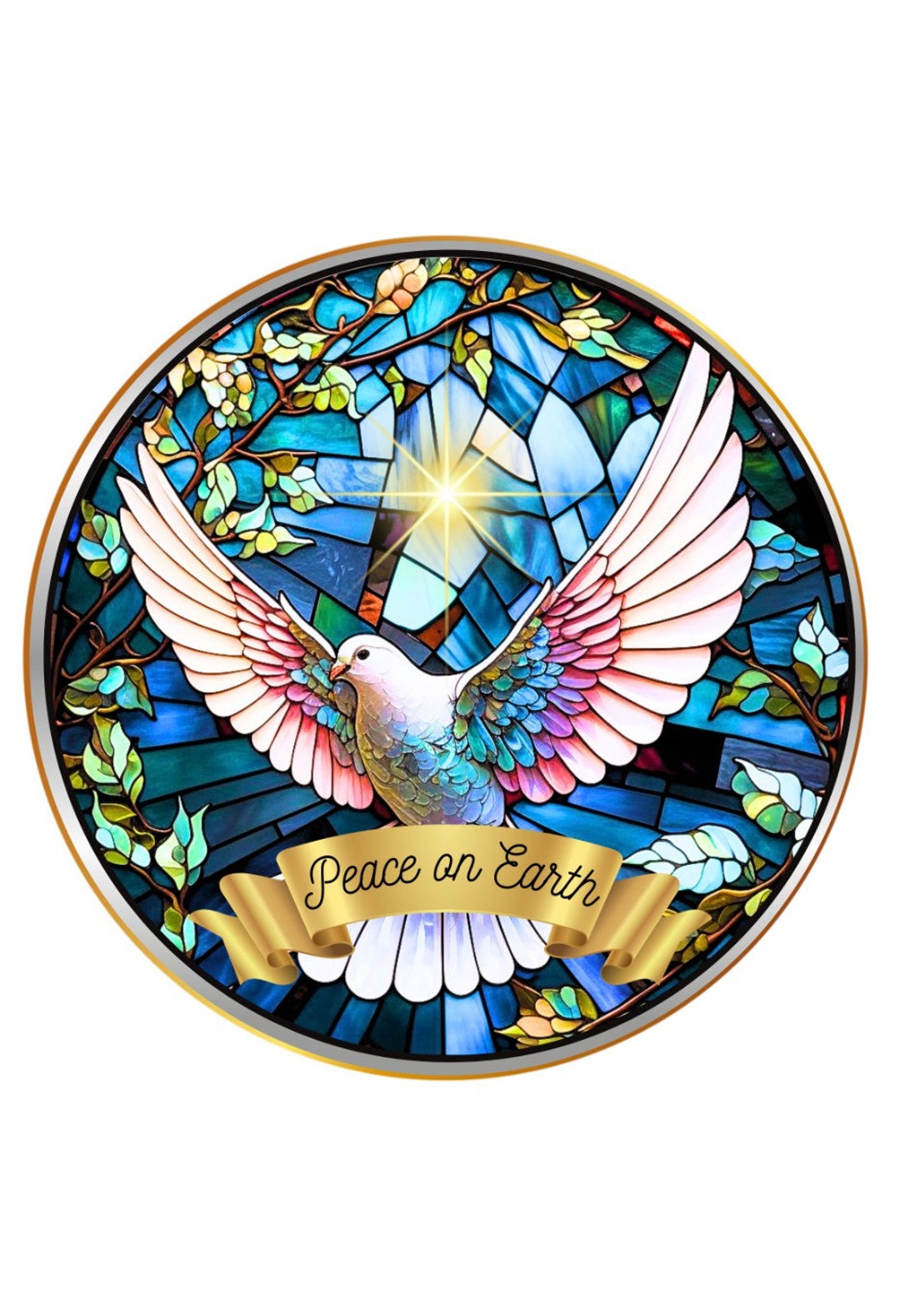 Peace on Earth Sign, Dove Faux Stained Glass Winter Wreath Attachment ...