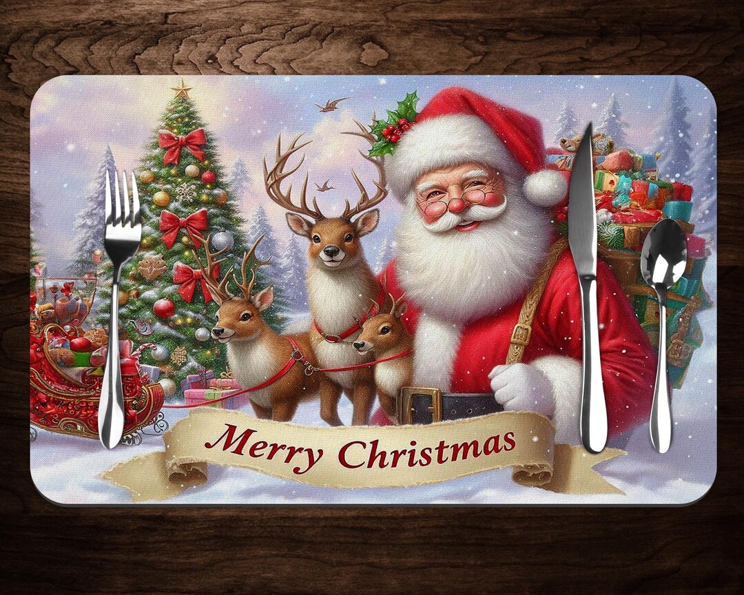 Set of 2 Santa and Reindeer Table Placemats, Christmas Table Decor ...