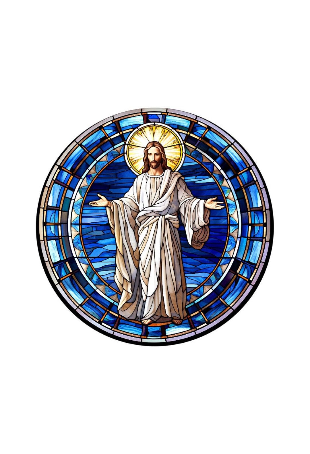 Jesus Stain Glass Look Christmas Sign, Blue and White Religious Metal ...