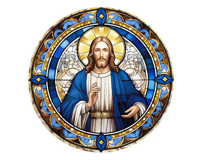 Jesus Stain Glass Look Christmas Sign, Blue and Gold Religious Metal ...