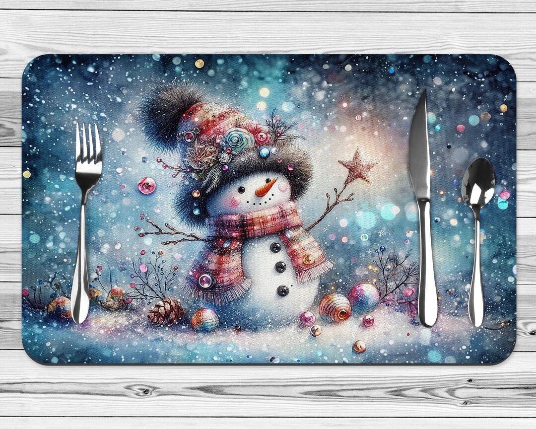 Set of 2 Wintery Snowman Holiday Placemats, Holiday Table Decor ...