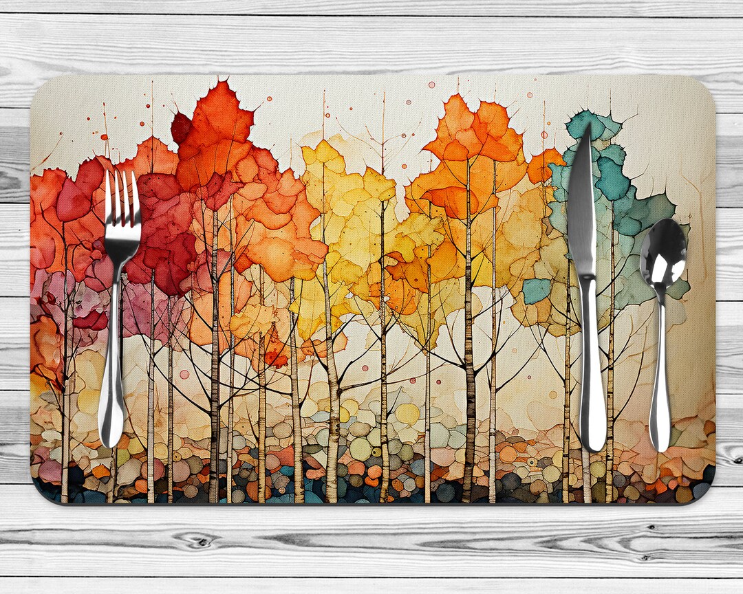 Set of 2 Fall Trees Polyester Table Placemats, Watercolor Look Fall ...