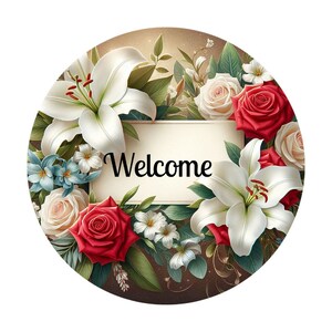 Welcome Rose and Lilly Wreath Sign, Metal Wreath Attachment With ...