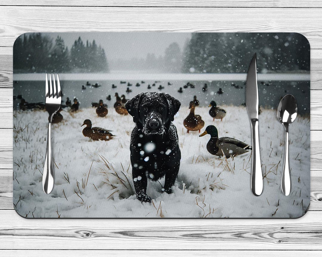 Set of 2 Black Lab With Mallard Ducks Winter Table Placemats, Dog Lover ...